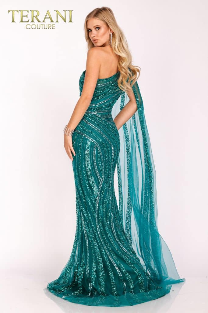 Asymmetrical beaded one shouldered cape pageant gown - 2012GL2390